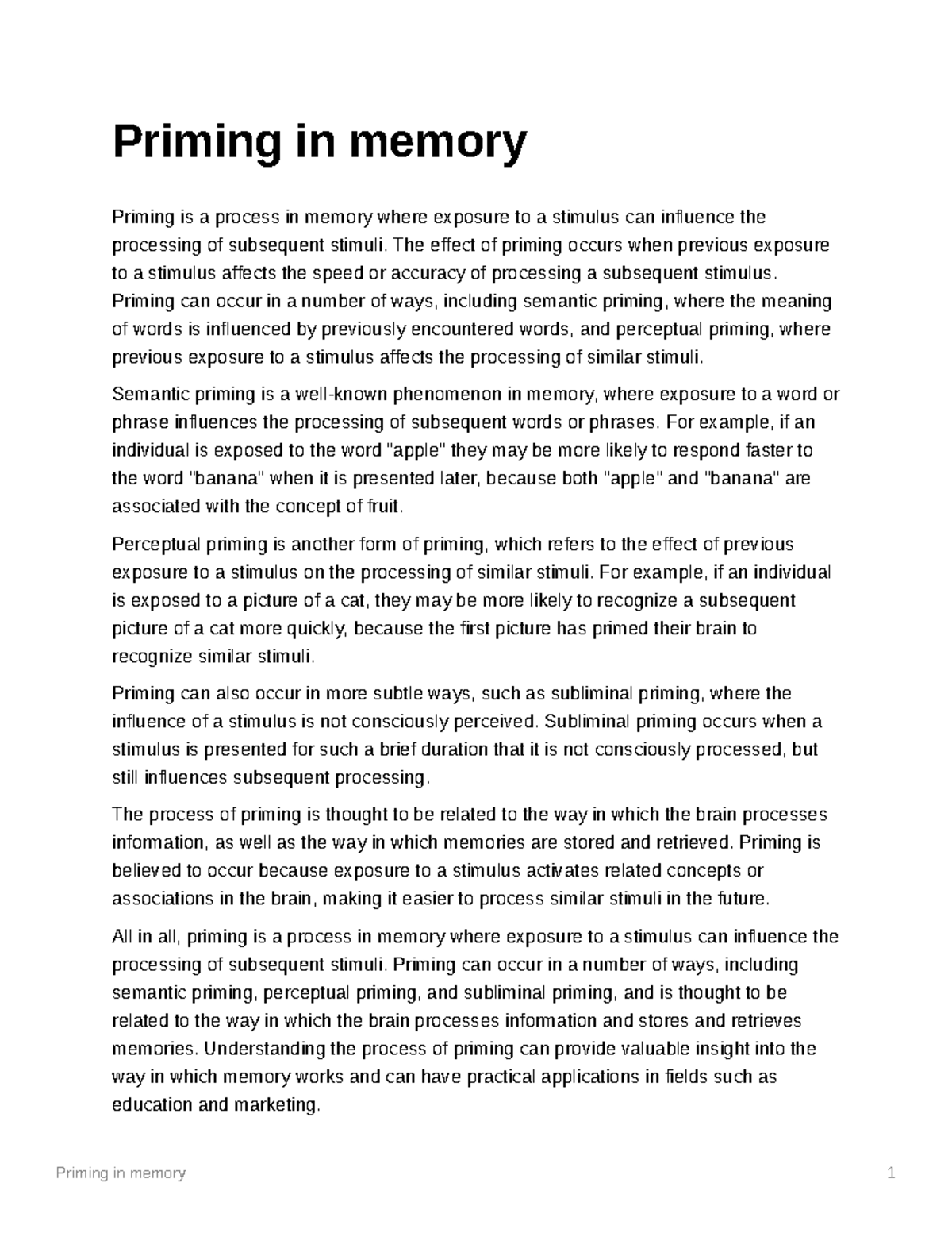 Priming In Memory Notes Priming In Memory 1 Priming In Memory Priming Is A Process In Memory