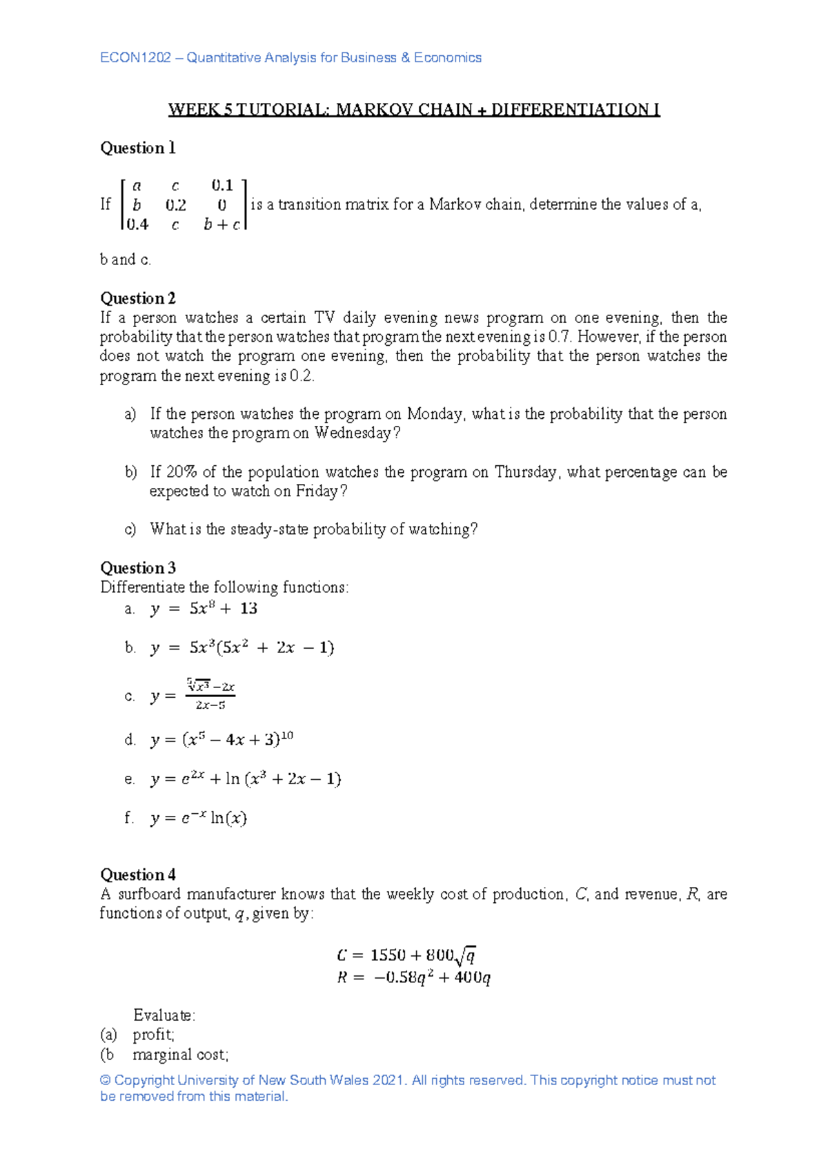 Week 5 Tutorial Questions - ECON1202 3 Quantitative Analysis for Business & Economics © - Studocu