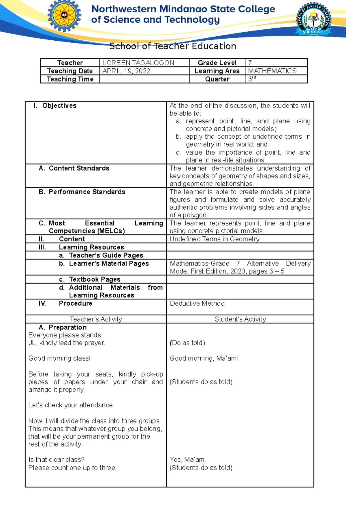 Undefined Terms IN Geometry - School of Teacher Education Teacher ...