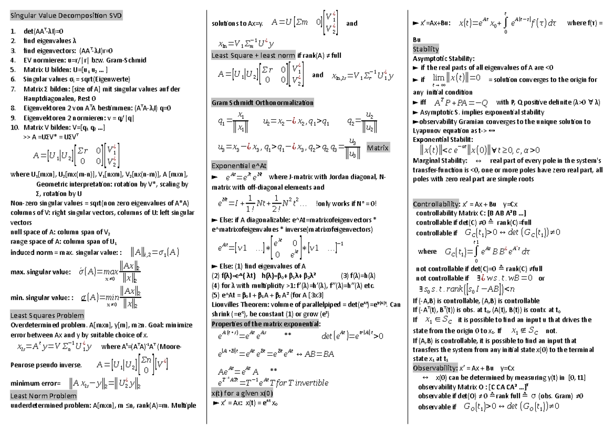 Cheat Sheet Control Theory - Singular Value Decomposition SVD det(AA T -λI)= find eigenvalues λ ...