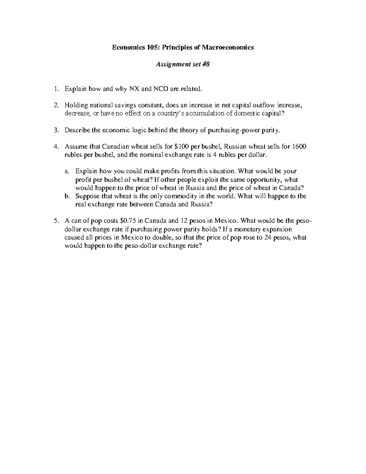 Assignment 8 - Economics 105: Principles of Macroeconomics Assignment ...