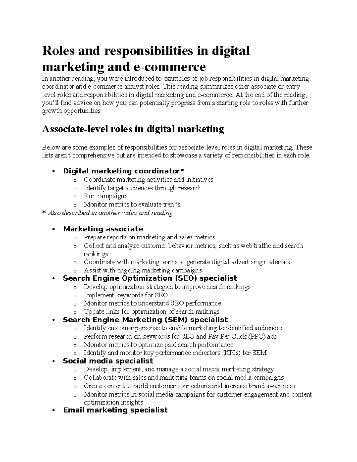 Roles and responsibilities in digital marketing and e - Roles and ...