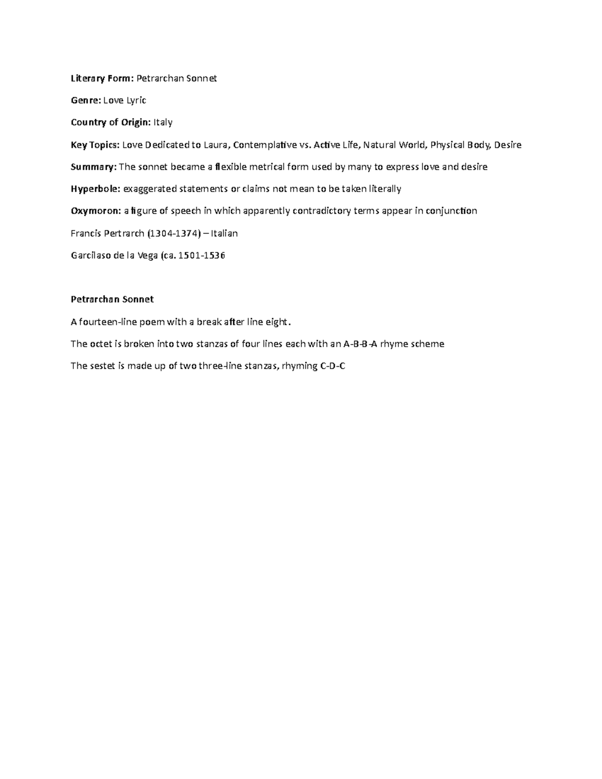 Petrarch and the Love Lyric - Literary Form: Petrarchan Sonnet Genre ...