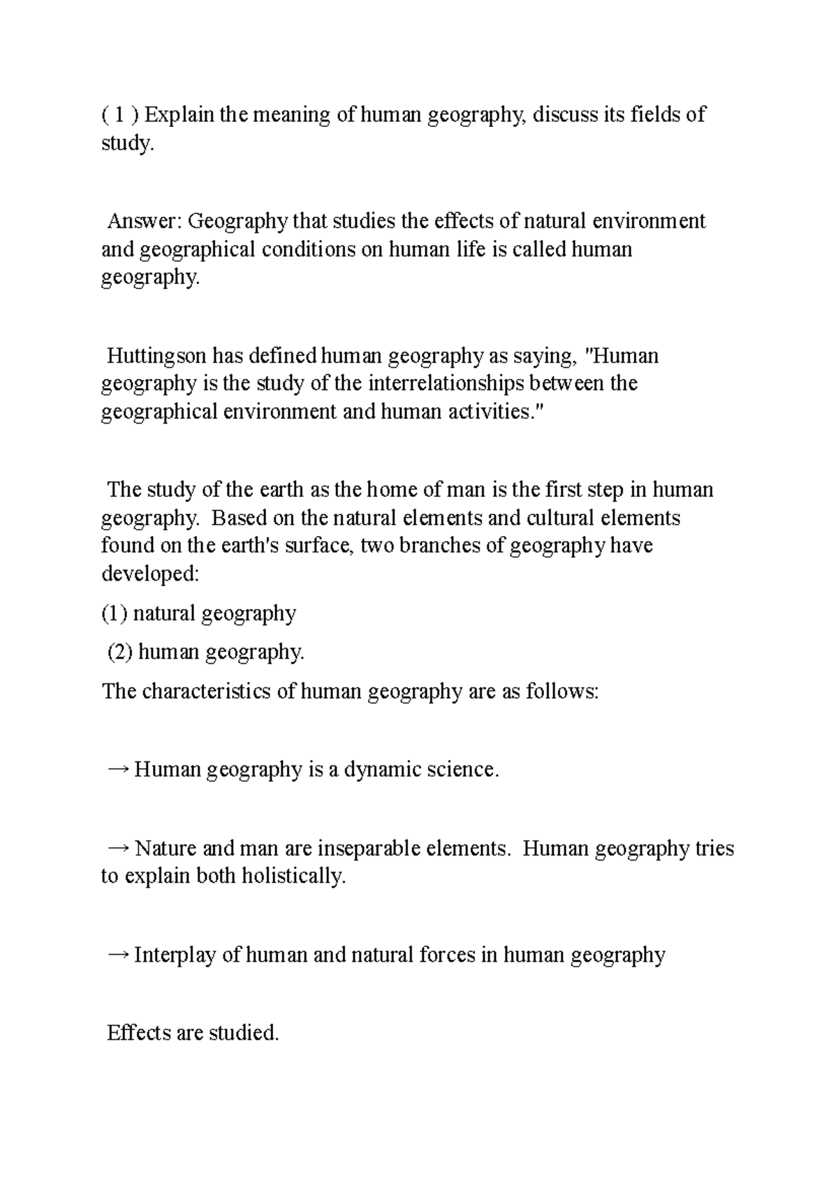 Explain the meaning of human geography, discuss its fields of study ...