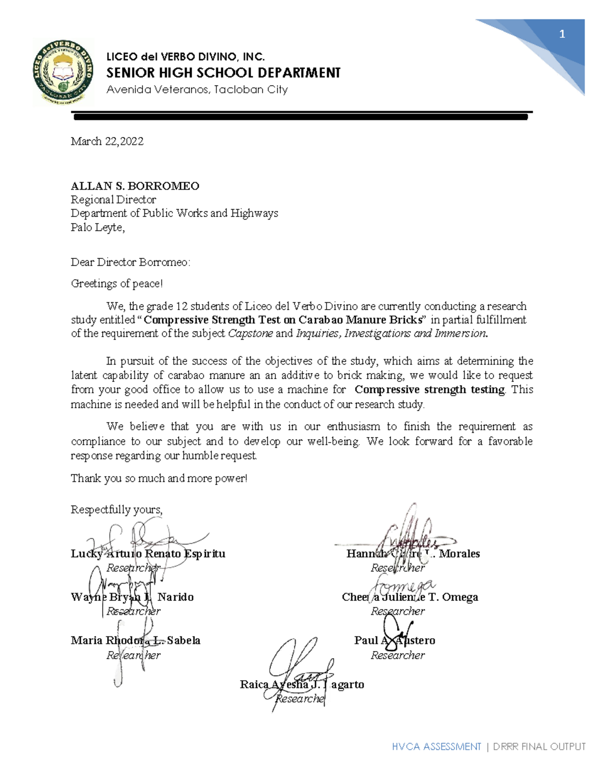 Letter OF Request Capstone Research - LICEO del VERBO DIVINO, INC ...