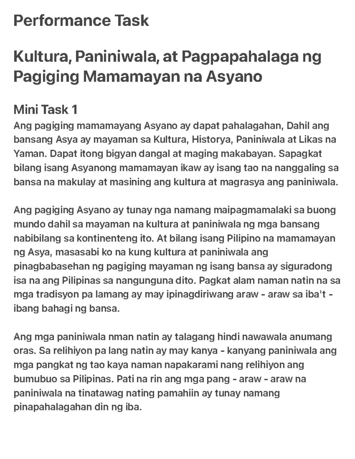 534379397-Performance-Task - Performance Task Kultura, Paniniwala, at ...