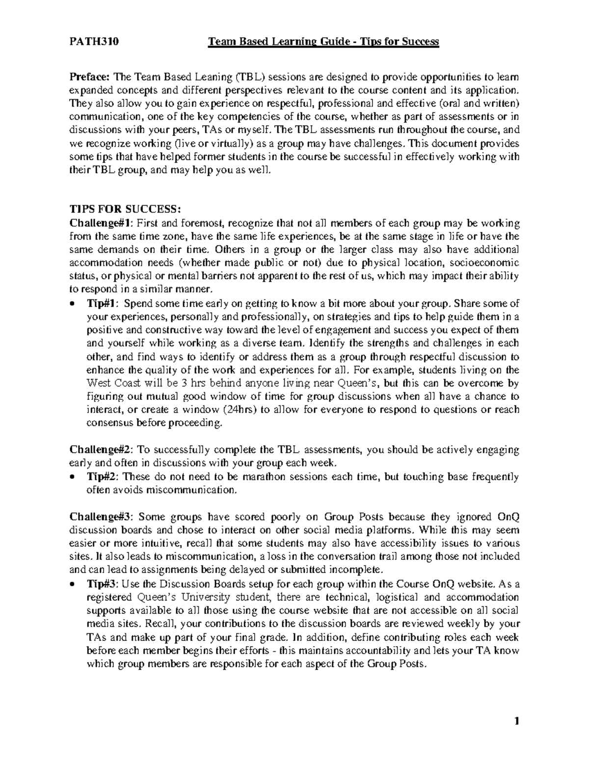 TBL tips - PATH310 - PATH310 Team Based Learning Guide - Tips for ...