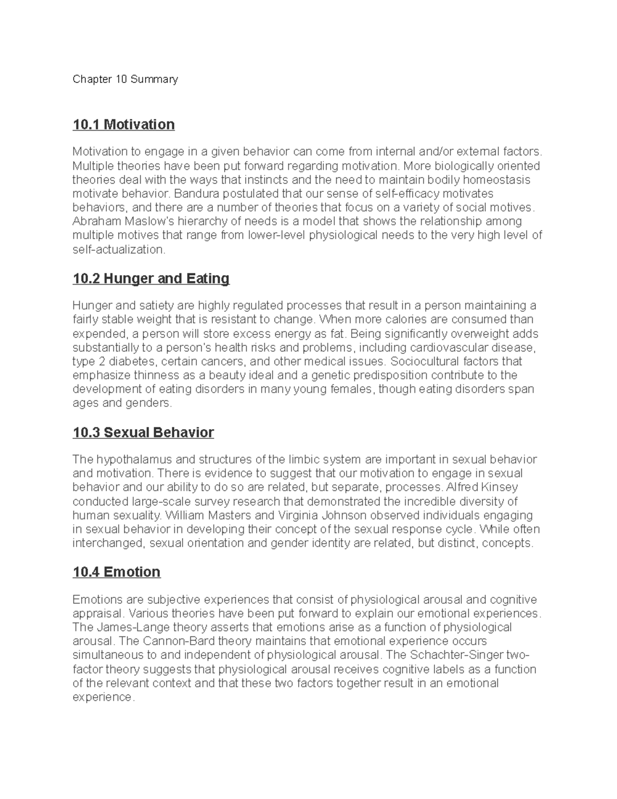 Chapter 10 Summary - Psychology - Chapter 10 Summary 10 Motivation ...