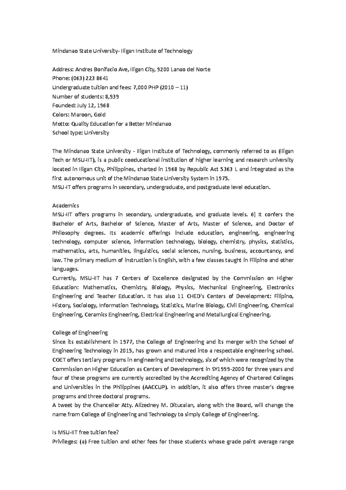 Mindanao State - MSU-IT offers programs in secondary, undergraduate ...