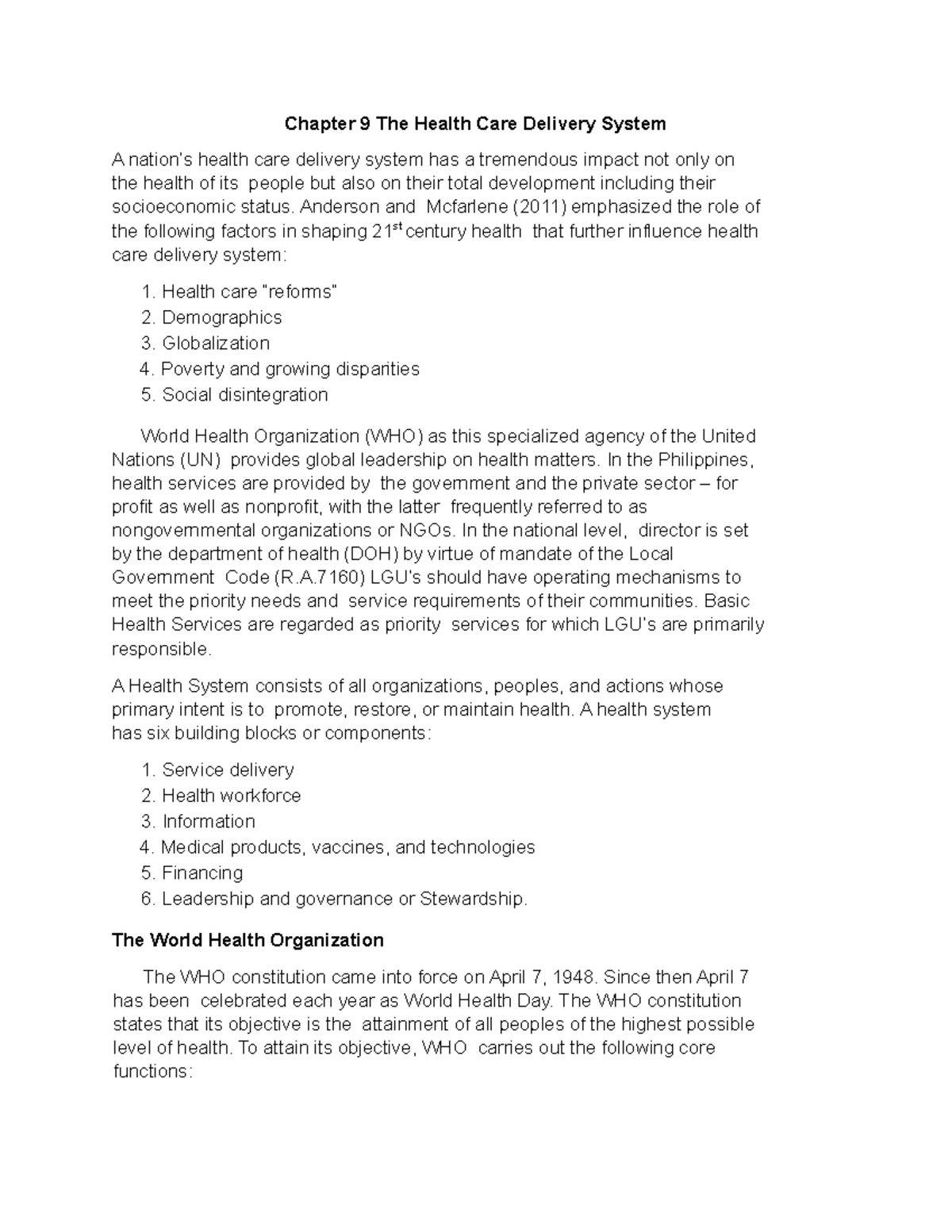 Chapter 9 The Health Care Delivery System - Bachelor of Science of ...