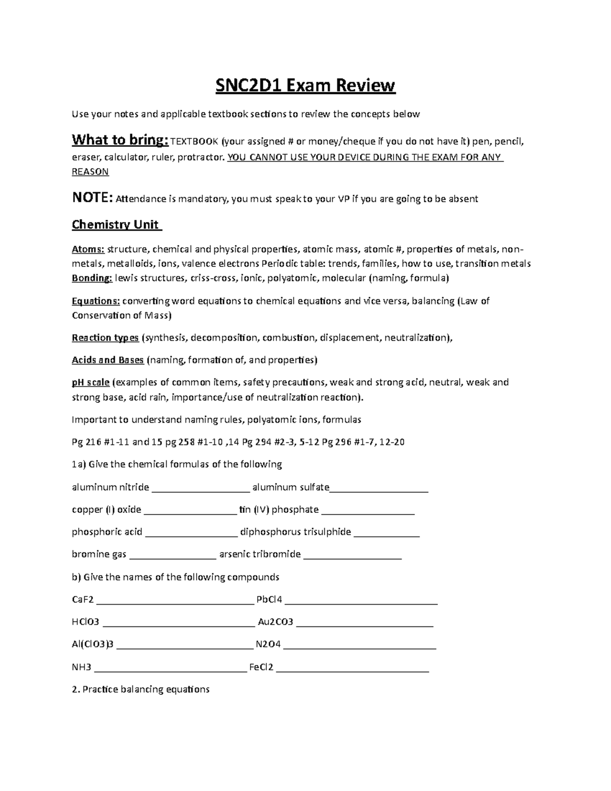 EXAM Review WORD chem - SNC2D1 Exam Review Use your notes and ...