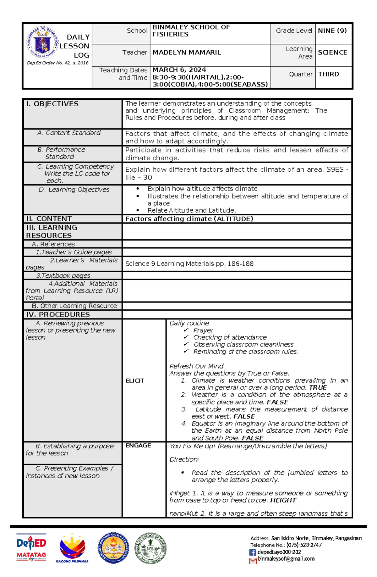 Altitude Final - none - DAILY LESSON LOG DepEd Order No. 42, s. 2016 ...