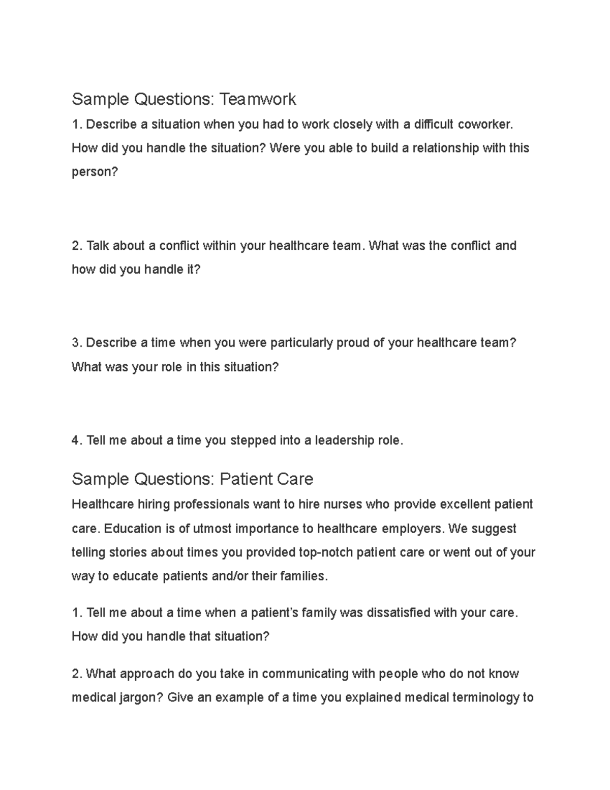 Behavorial Based Interview Questions - Sample Questions: Teamwork 1 ...