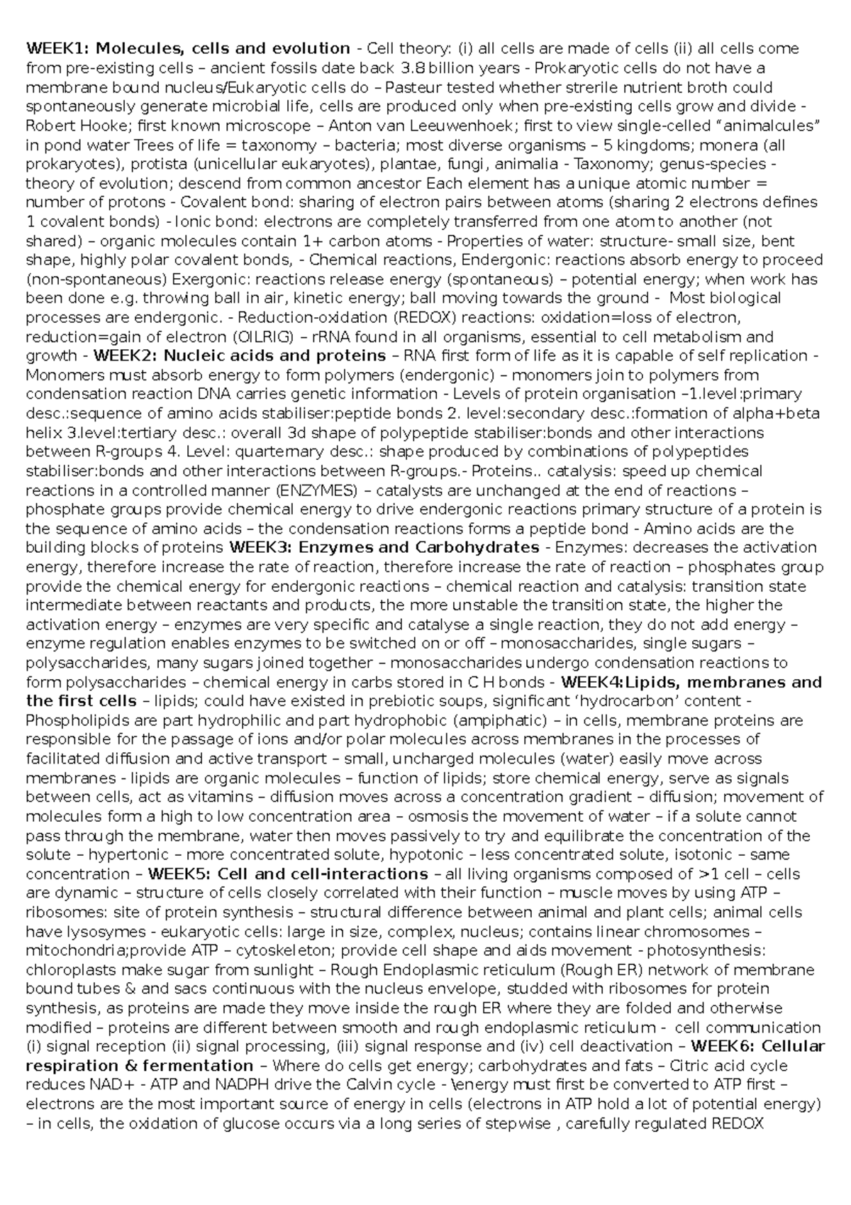 Bio Cheat Sheet - Summary Molecules, Cells and Organisms - WEEK1 ...