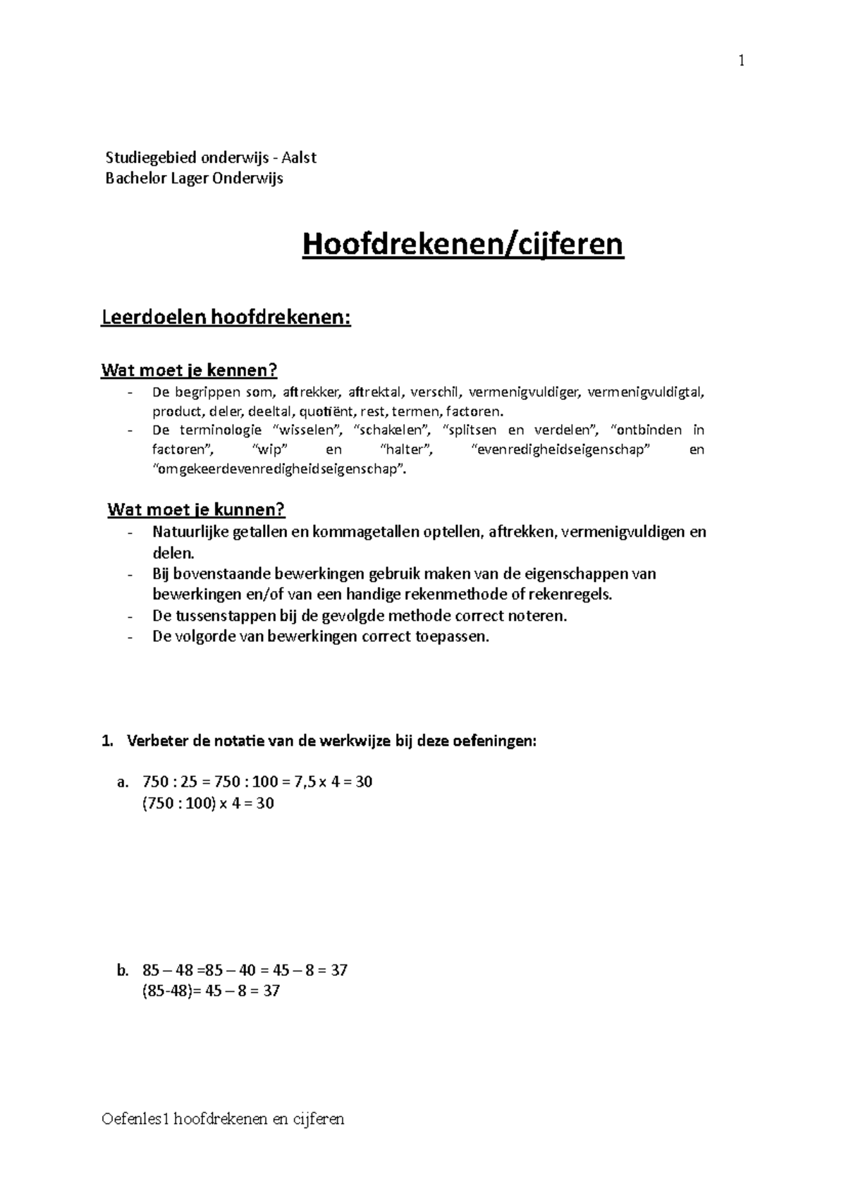 Oefensessie hoofdrekenen en cijferen - Studiegebied onderwijs - Aalst ...