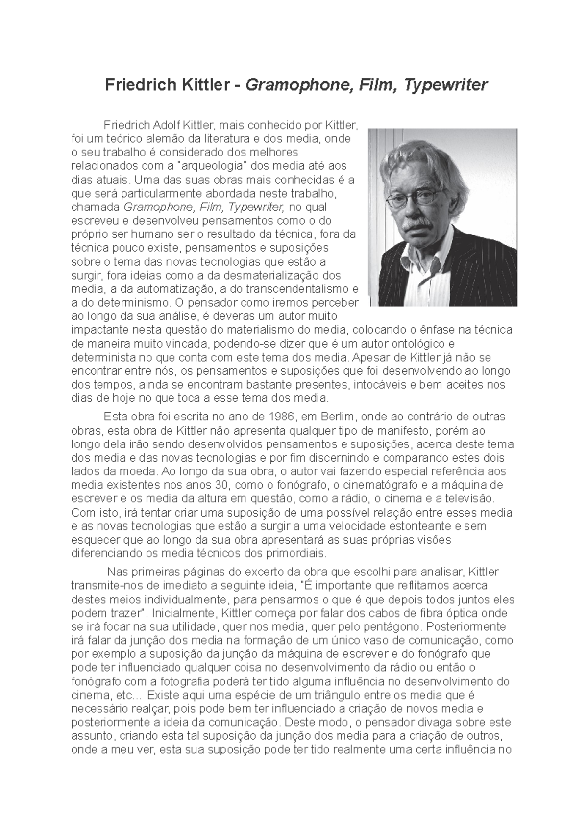 Friedrich Kittler - trabalho para TM para o professor Hugo Barata ...