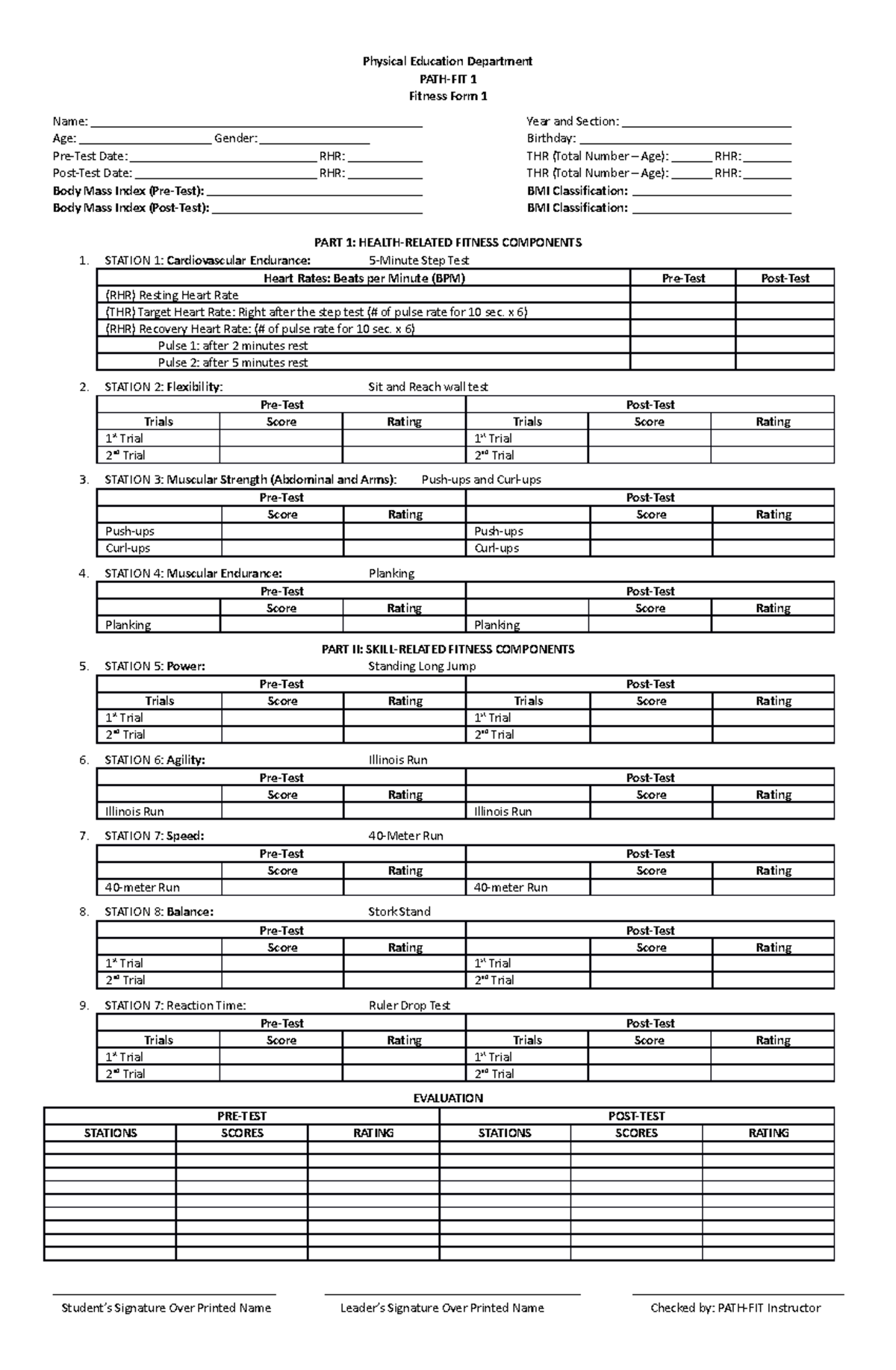 PATH FIT 1 Physical Fitness Form 1 - Physical Education Department PATH ...