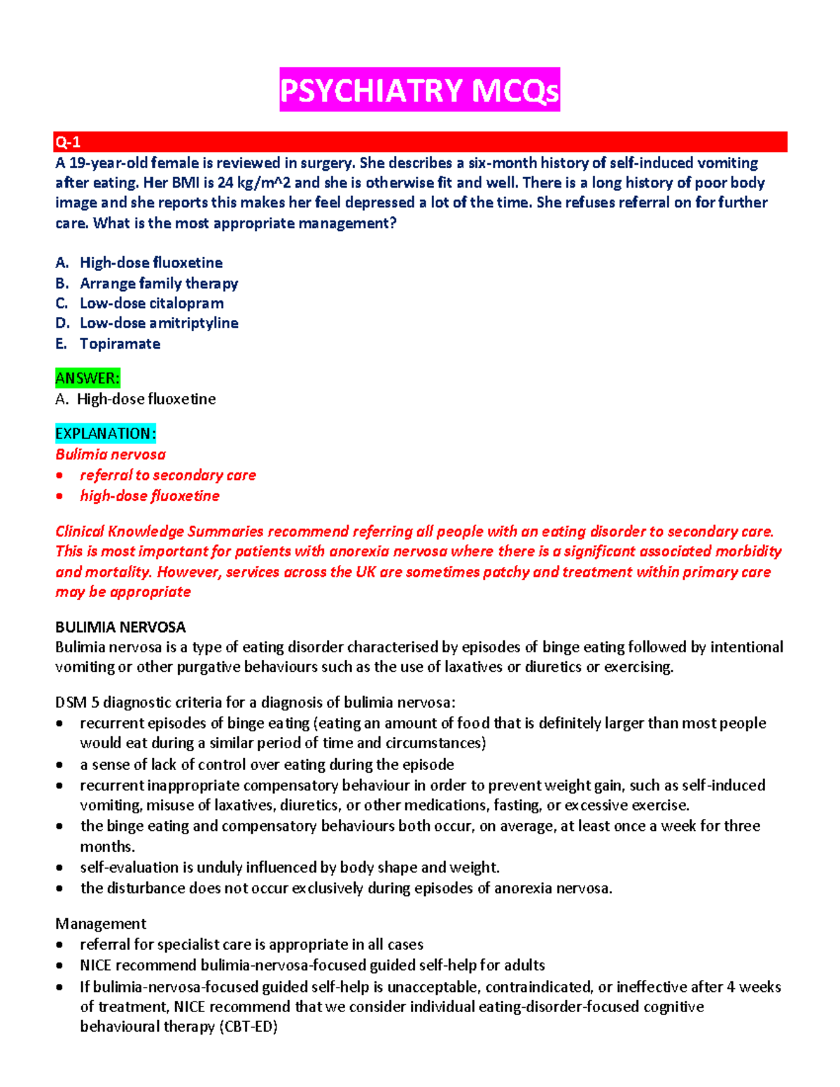 Passmedicine MCQs- Psychiatry - PSYCHIATRY MCQs Q- A 19-year-old female is reviewed in surgery ...