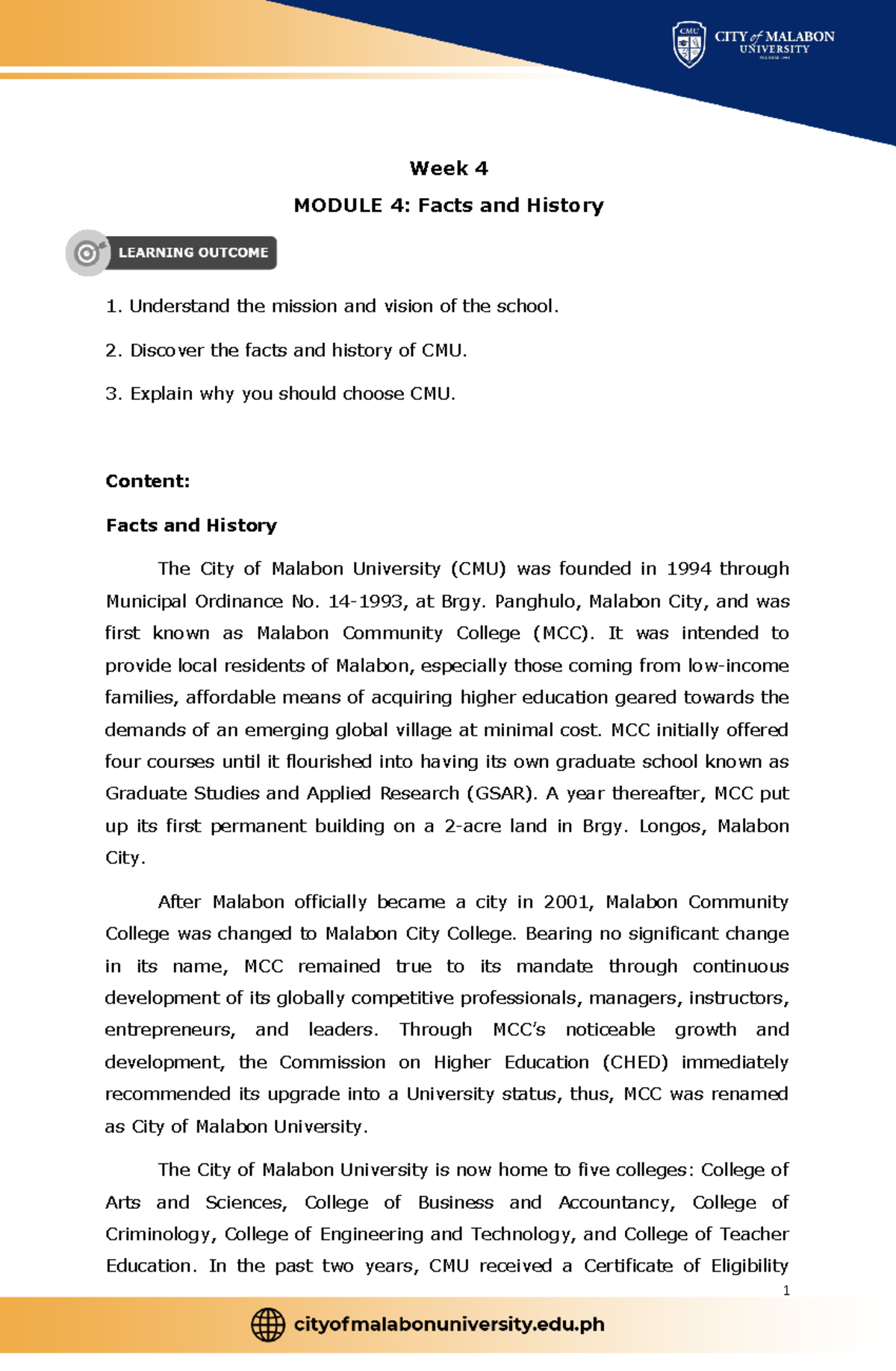 Module 4 - Week 4 MODULE 4: Facts and History Understand the mission ...