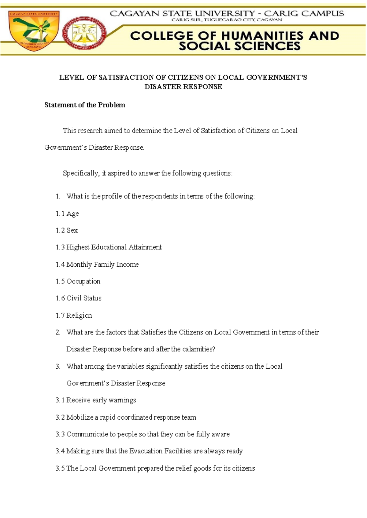 Statement of the Problem - LEVEL OF SATISFACTION OF CITIZENS ON LOCAL ...