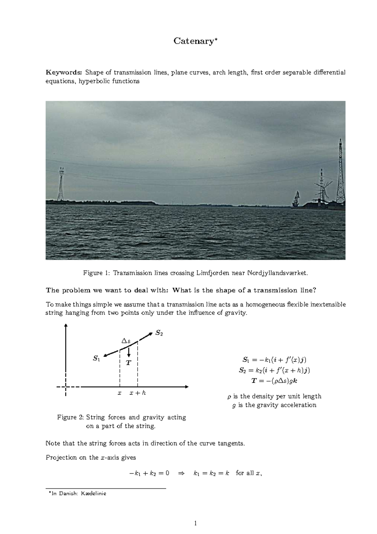 Note til calculus - Catenary - Catenary∗ Keywords:Shape of transmission ...