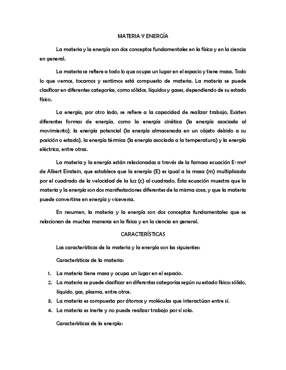 Materia Y Energía - MATERIA Y ENERGÍA La materia y la energía son dos ...