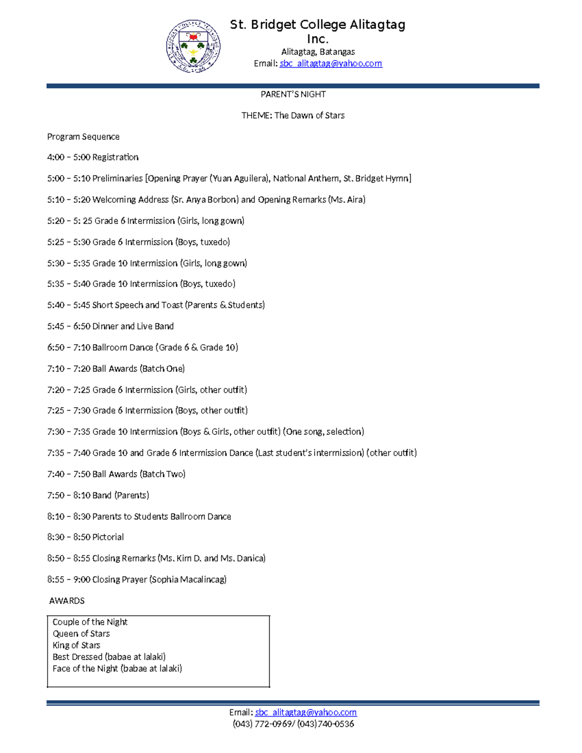 Parents Night 2023 Programme - St. Bridget College Alitagtag Inc ...