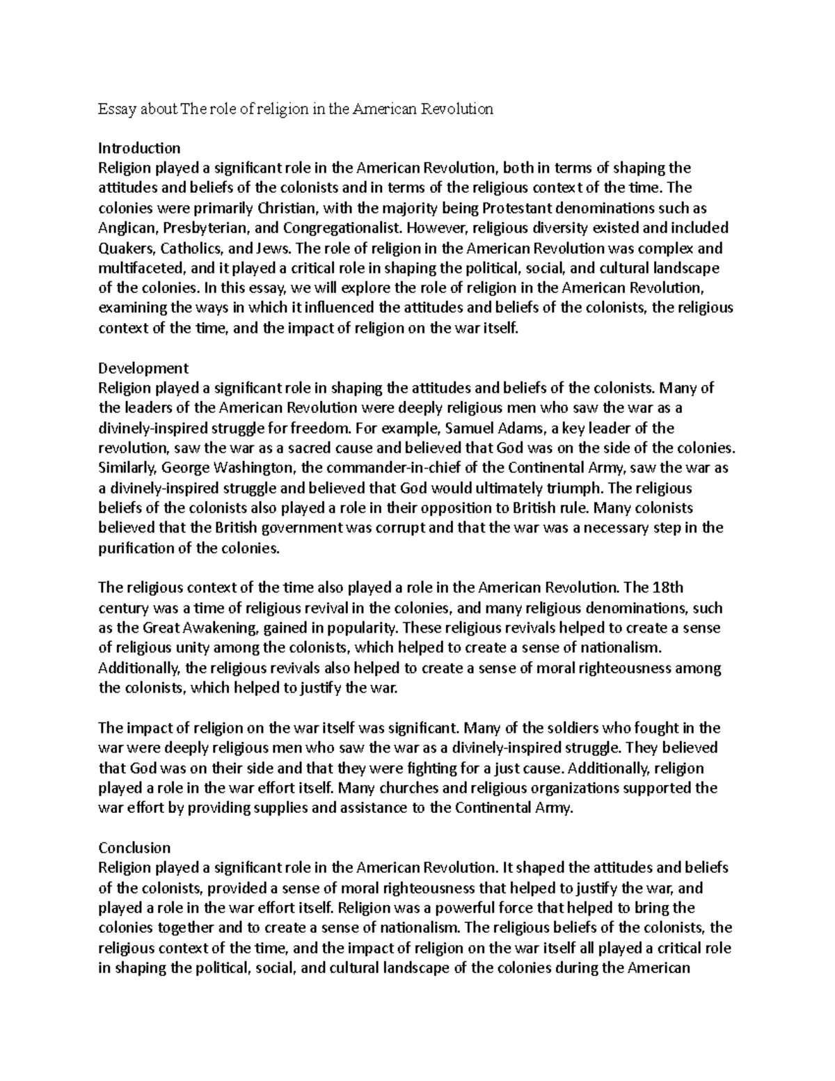 HIS 132 essay about The role of religion in the American Revolution ...