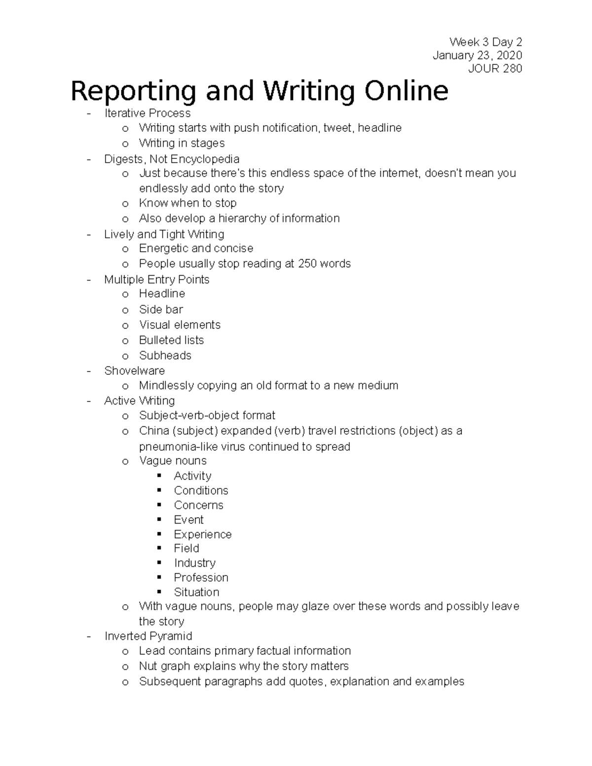 Reporting and Writing Online - Week 3 Day 2 January 23, 2020 JOUR 280 ...