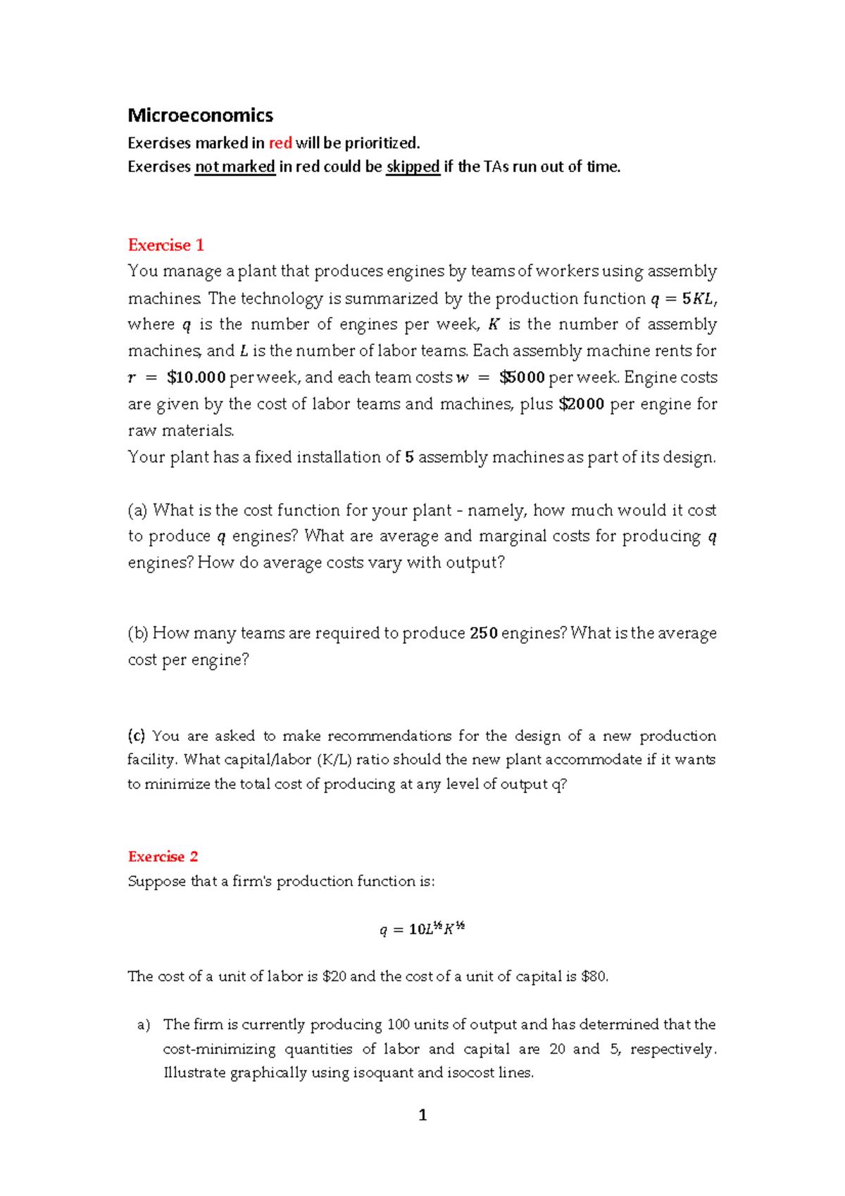 Exercises 6 - øvelser - 1 Microeconomics Exercises marked in red will ...