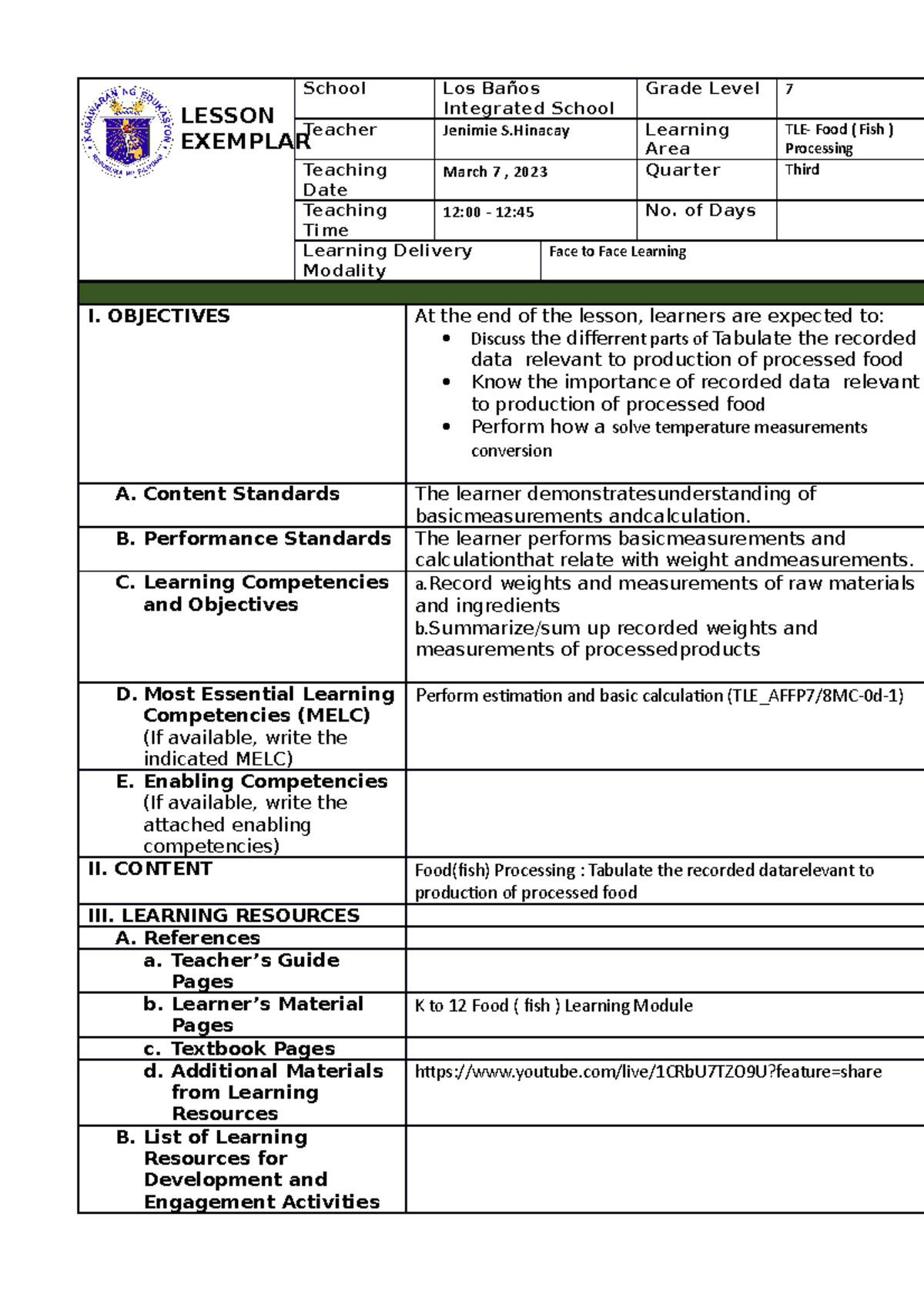 Jenimie-LP-Tabulate - nothing to mention - School Los Baños Integrated School Grade Level 7 ...