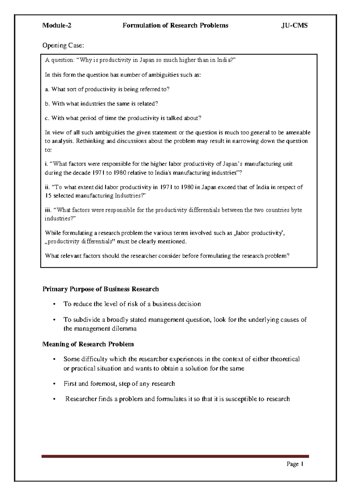 Formulation of Research Problems - Opening Case: A question: “Why is ...