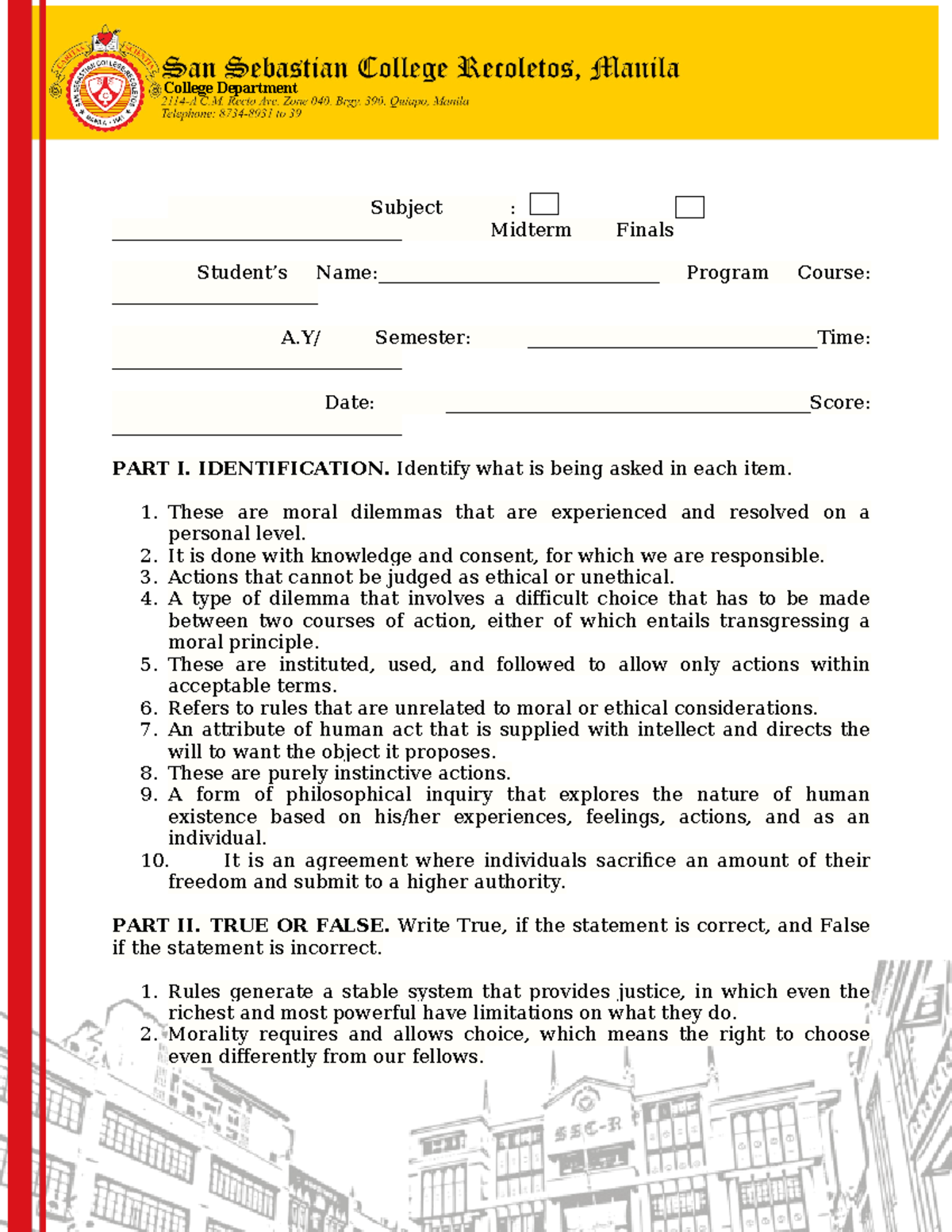 Midterm Exam - Subject : _______________________________ Midterm Finals ...
