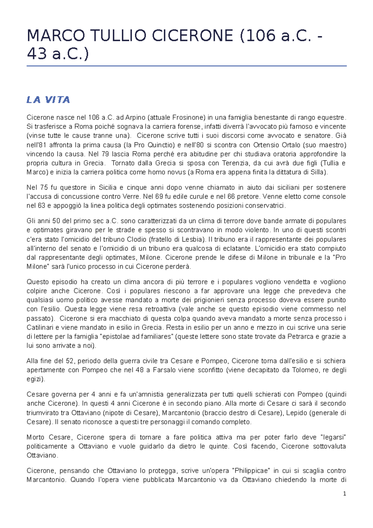 Cicerone - MARCO TULLIO CICERONE (106 a. - 43 a.) LA VITA Cicerone ...