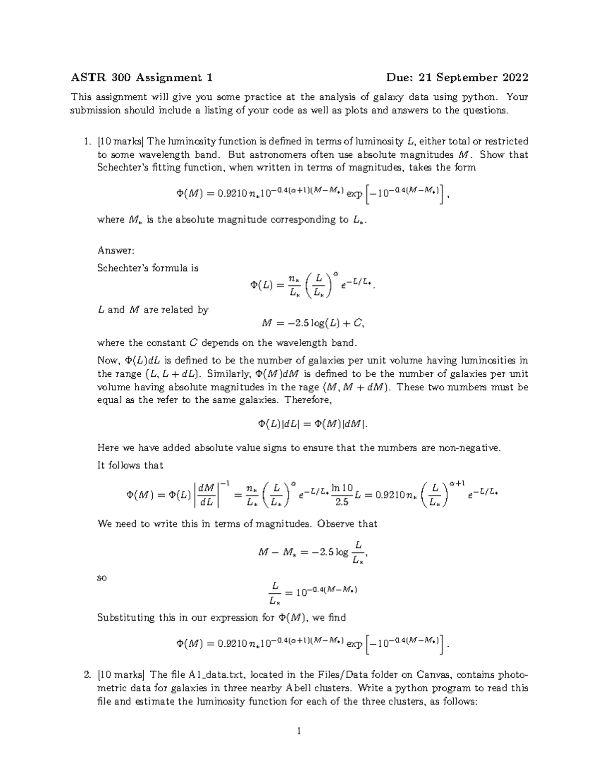 Assignment-01 - Scheckter Function Plotting - ASTR 300 Assignment 1 Due ...