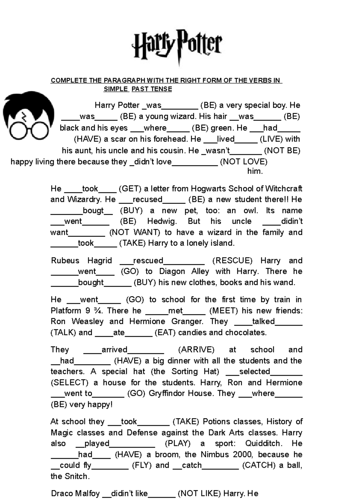 Harry potter act - ejercicio - COMPLETE THE PARAGRAPH WITH THE RIGHT ...