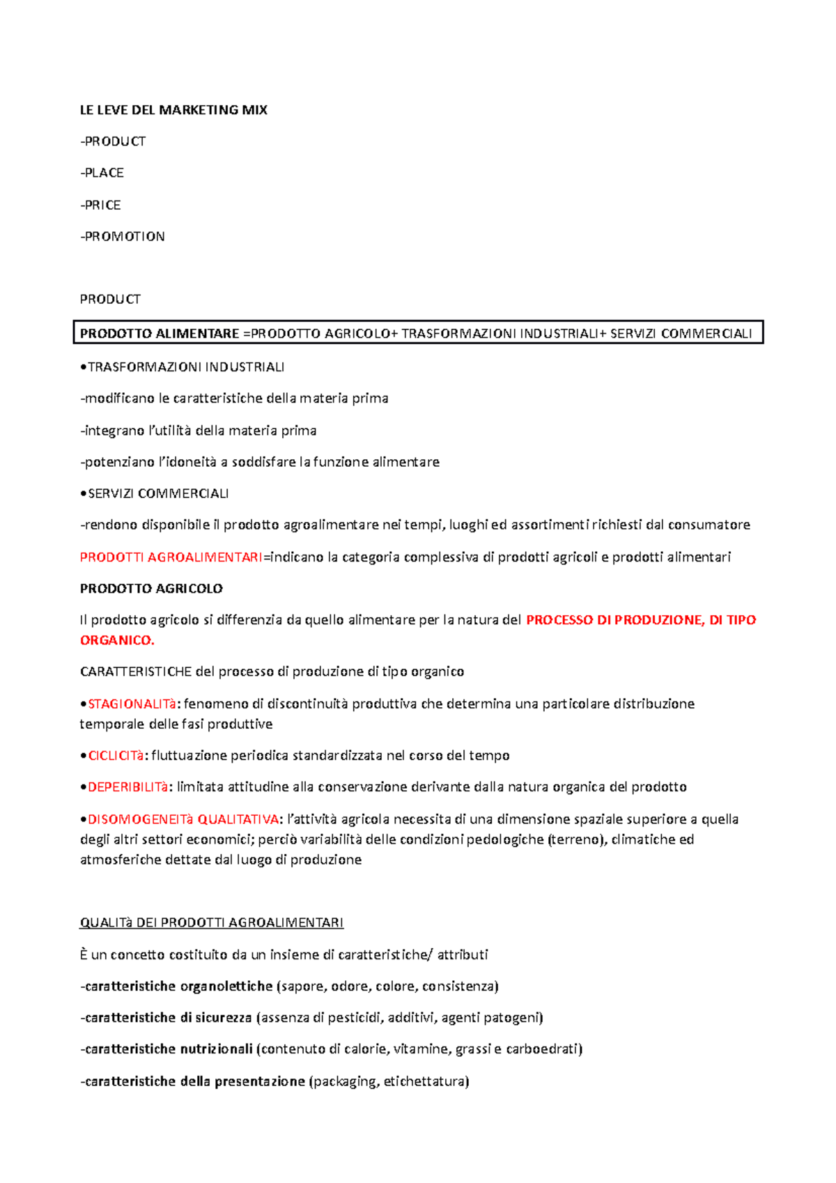 Filiere - riassunto - LE LEVE DEL MARKETING MIX -PRODUCT -PLACE -PRICE ...