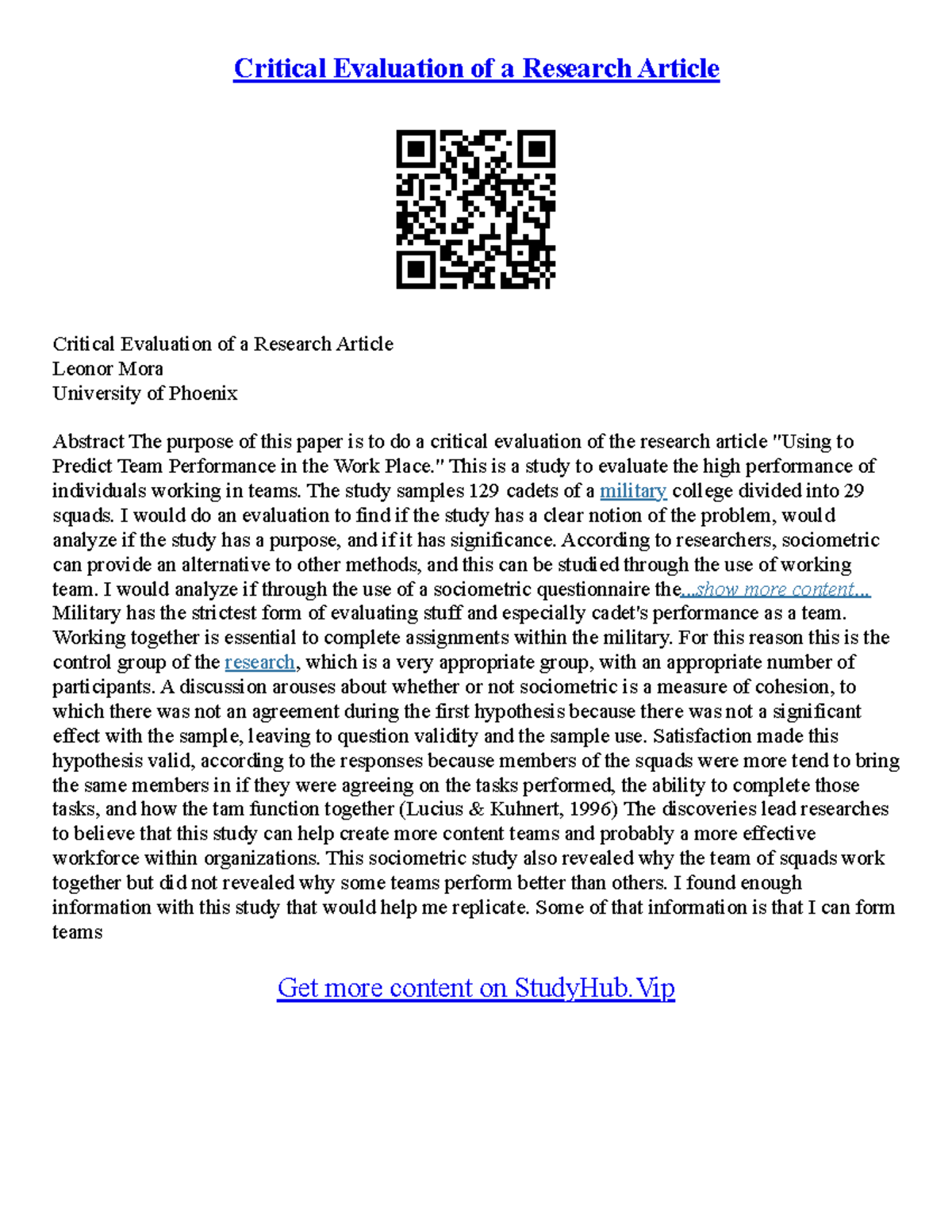 Critical Evaluation Essay Sample - Critical Evaluation of a Research ...