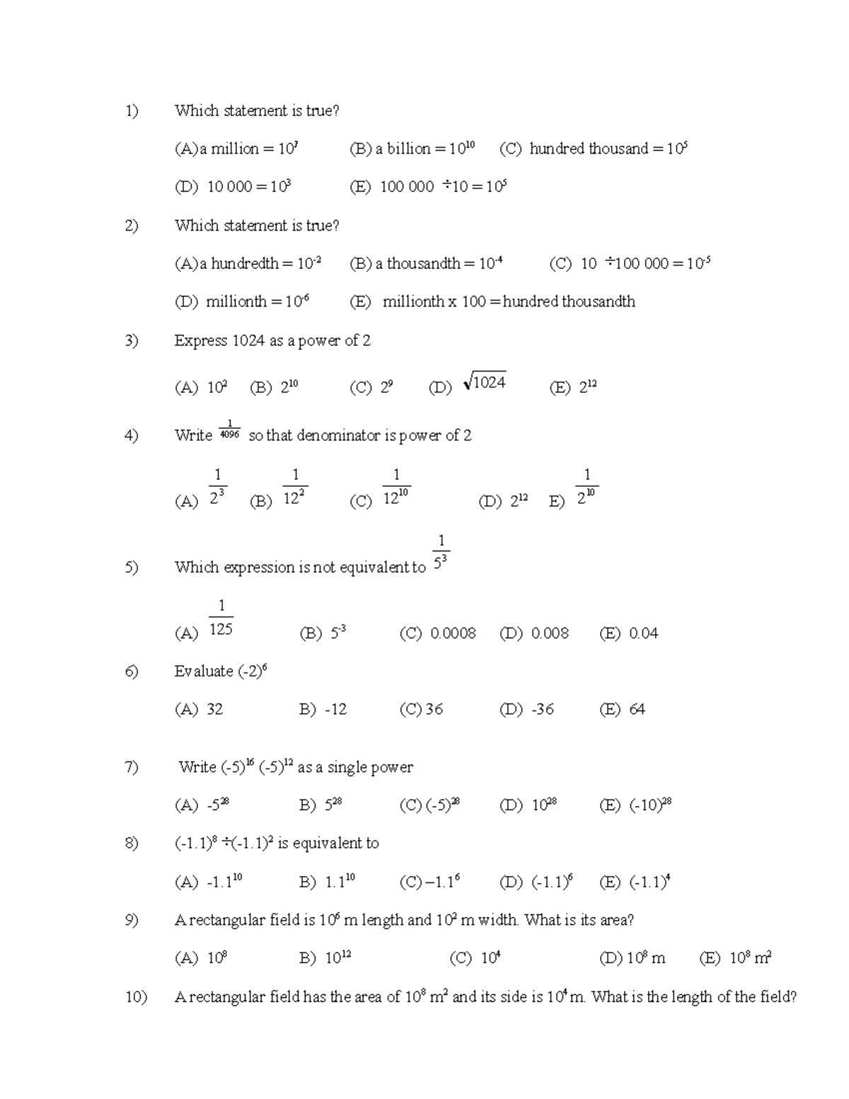 Exponent test - Practice Material - Which statement is true? (A) a ...