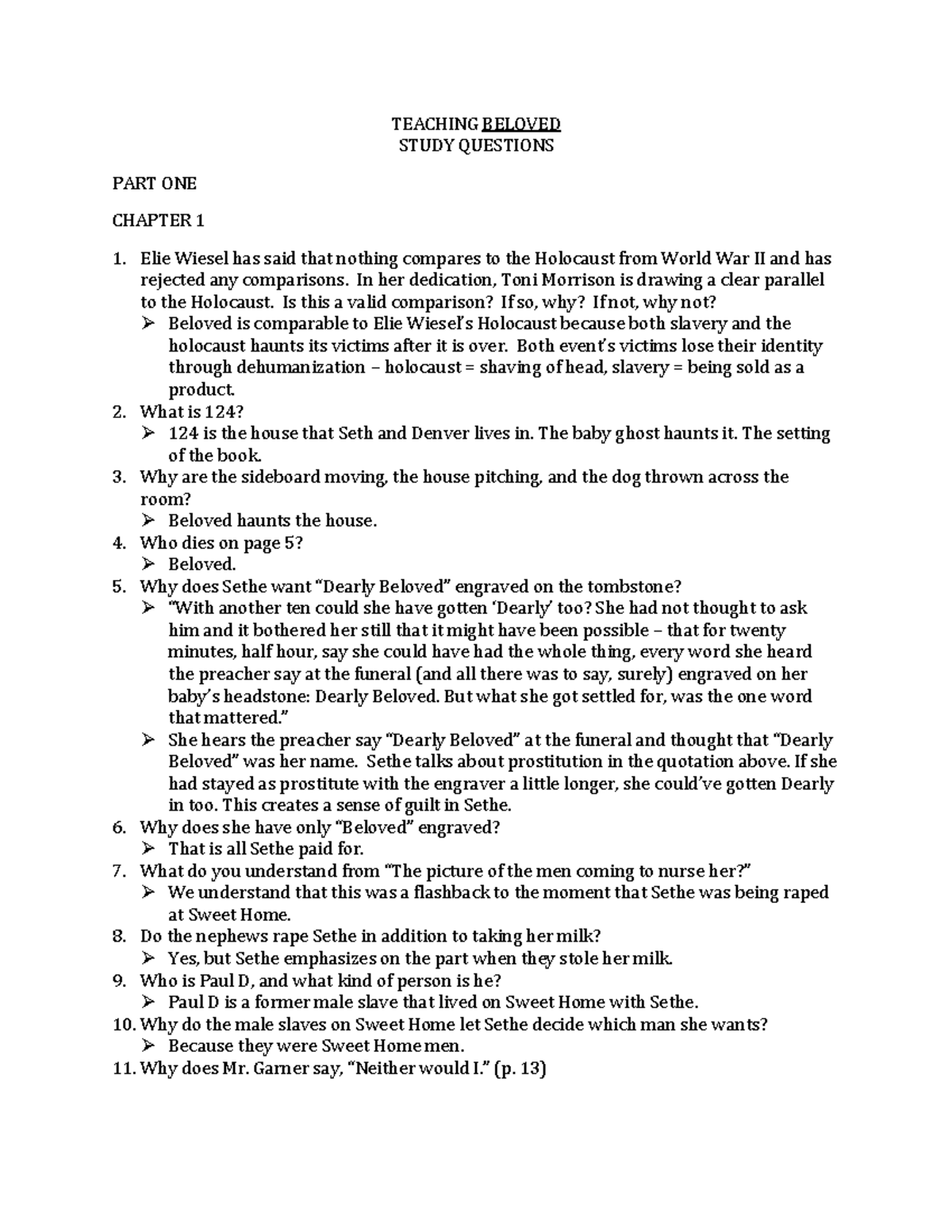 Chapter questions - TEACHING BELOVED STUDY QUESTIONS PART ONE CHAPTER 1 ...
