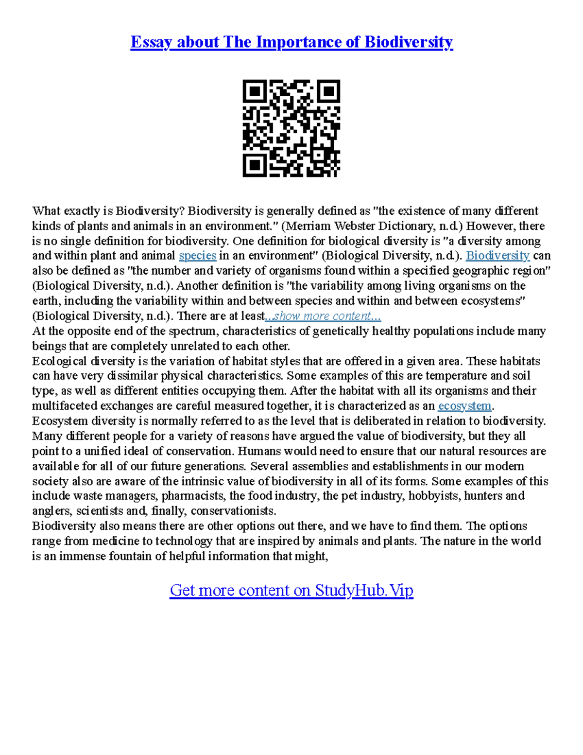 Essay About Biodiversity - Essay about The Importance of Biodiversity ...