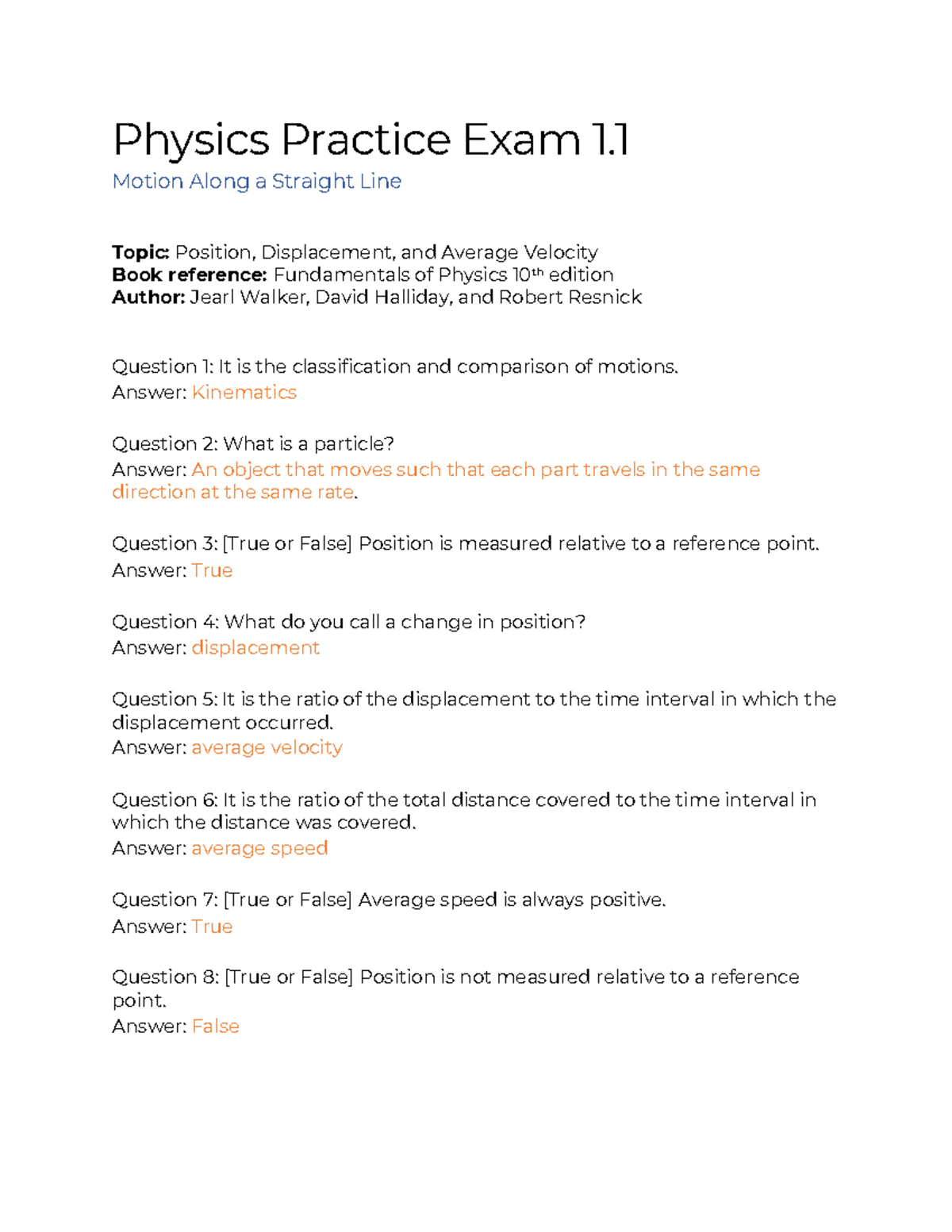 Physics Practice Exam 1 - Motion Along a Straight Line Topic: Position ...