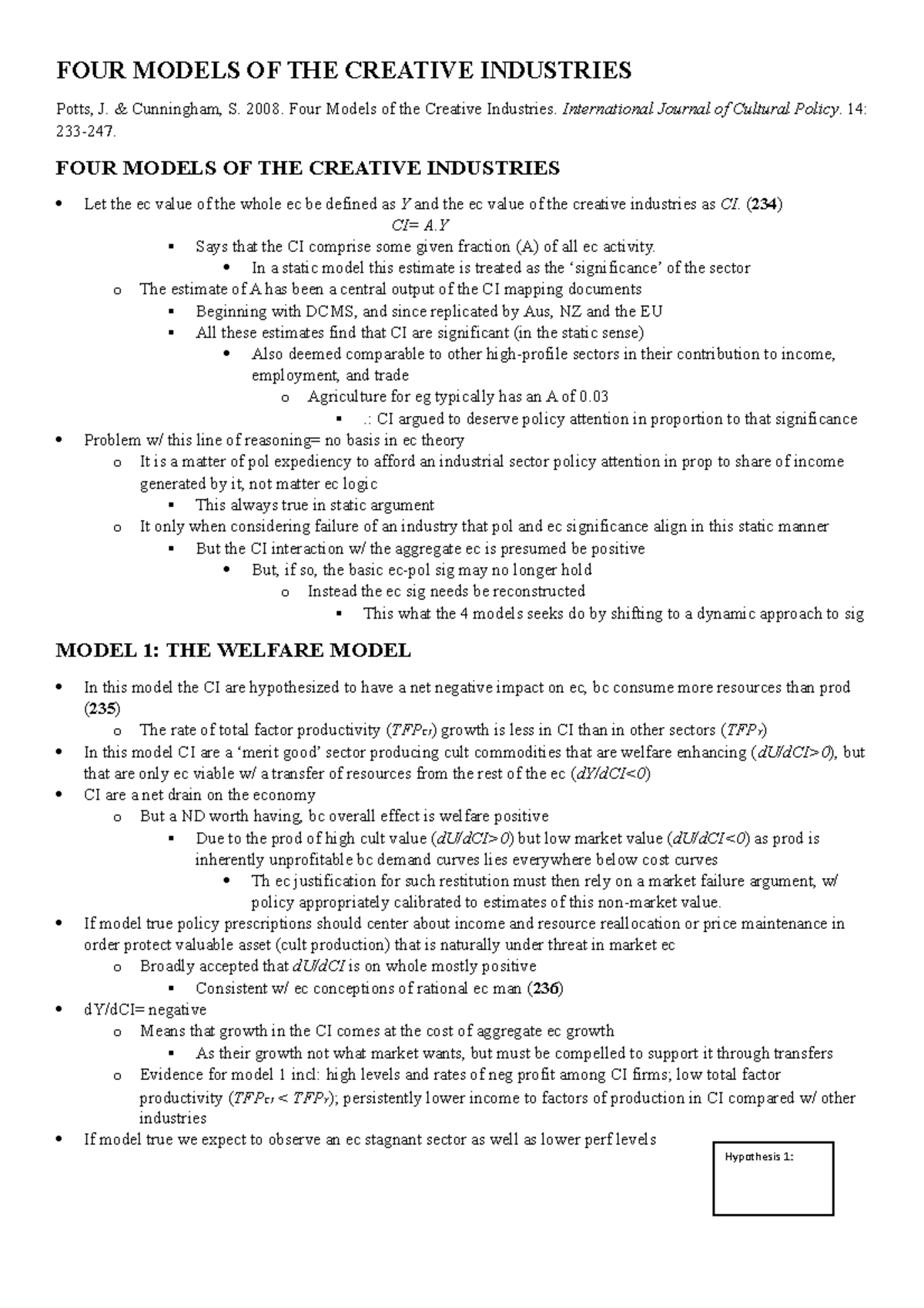 Four Models Of The Creative Industries- Potts - FOUR MODELS OF THE ...