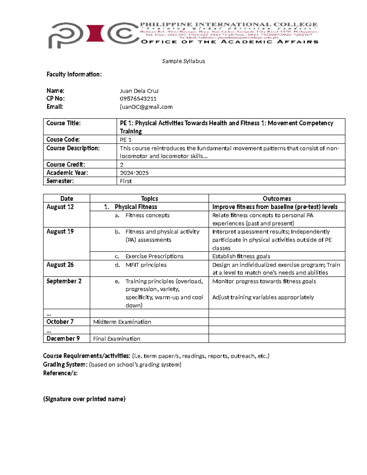 Sample 20Syllabus 202024-2025 - Sample Syllabus Faculty Information ...
