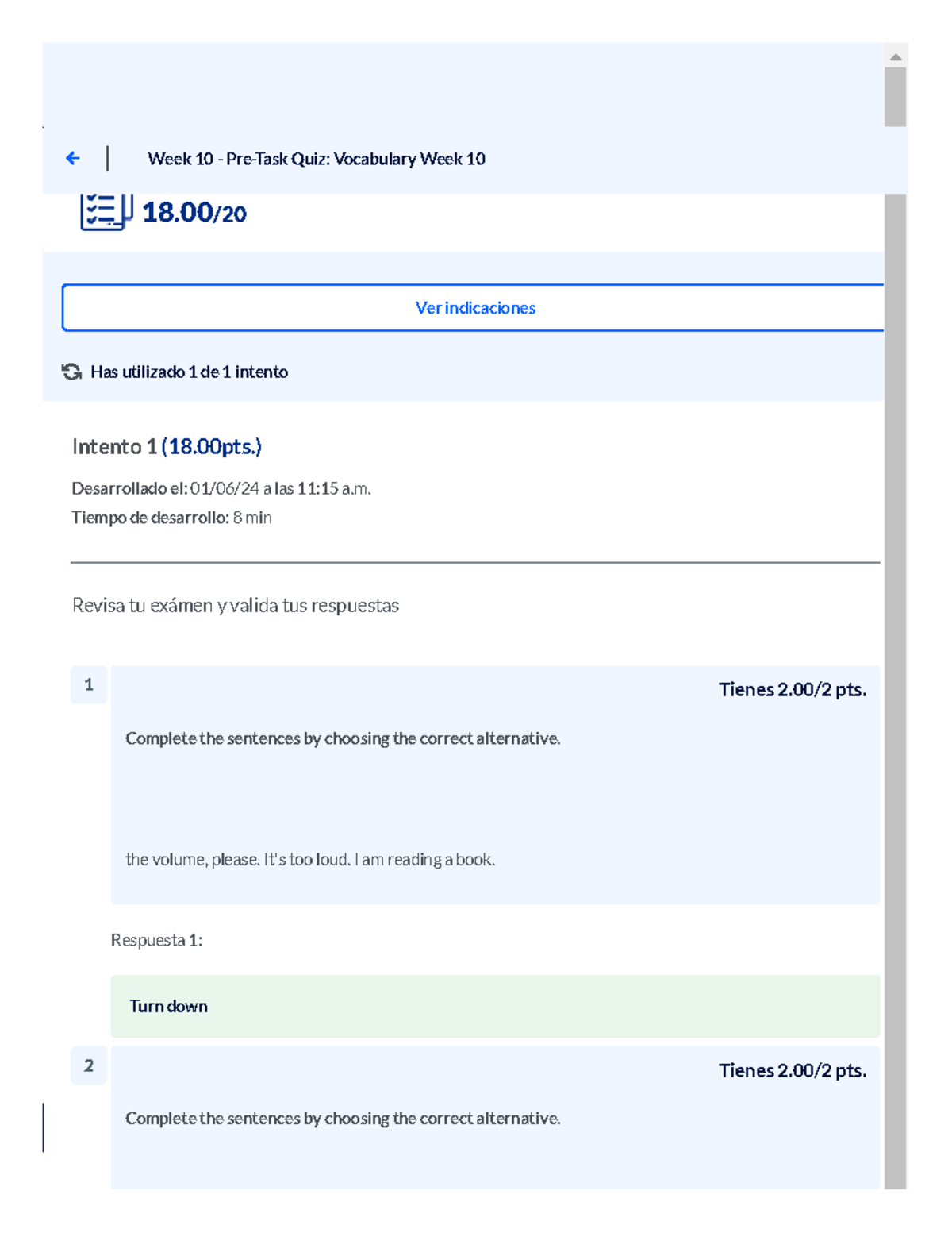 Week 10 - Pre-Task Quiz Vocabulary Week 10 - Nota 18/ 20 Intento 1 (18 ...
