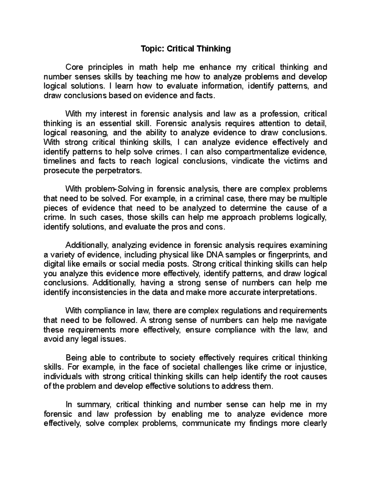 Math Extra Credit Essay 2023 - Topic: Critical Thinking Core principles ...