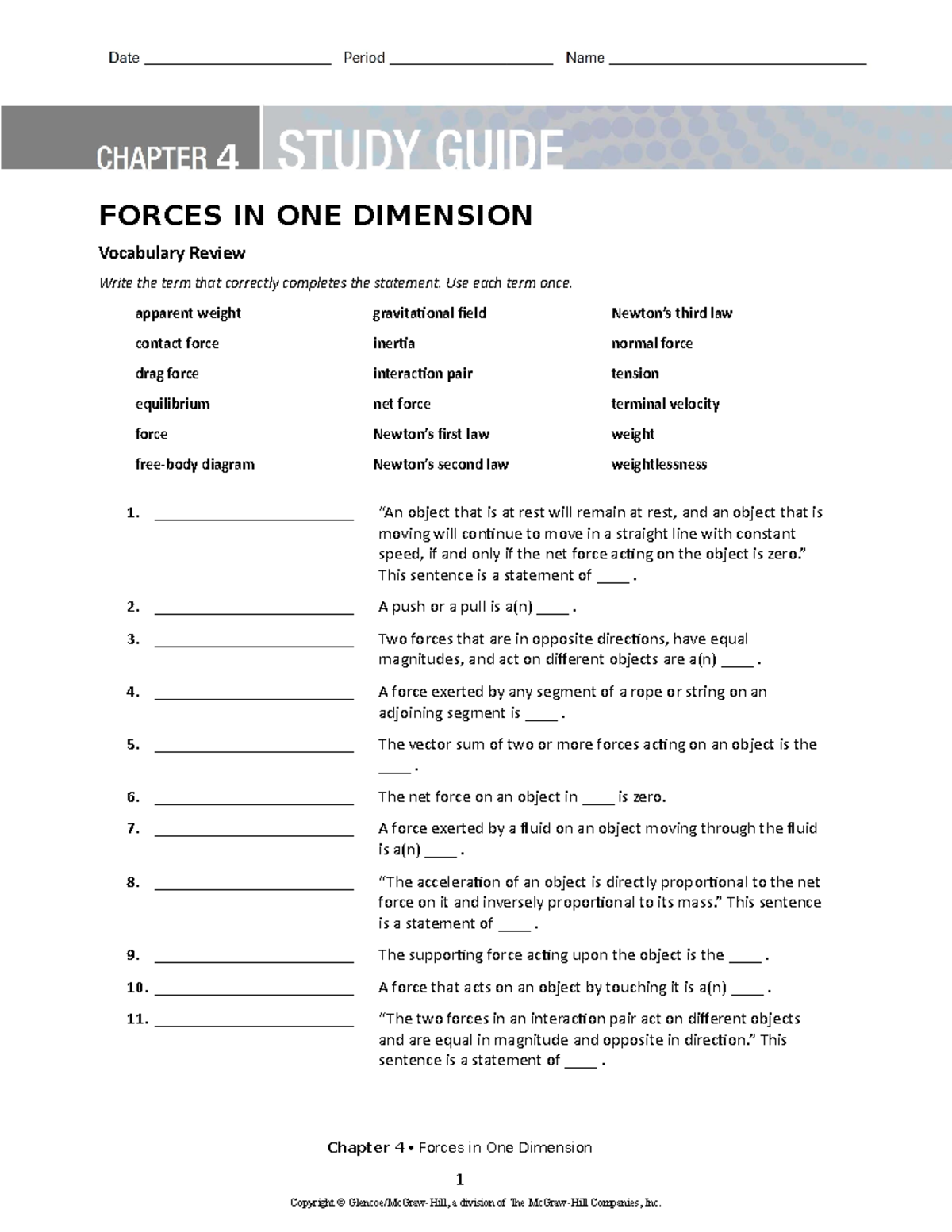 Study Guide Forces in One Dimension Student Editable - Chapter 4 Forces ...
