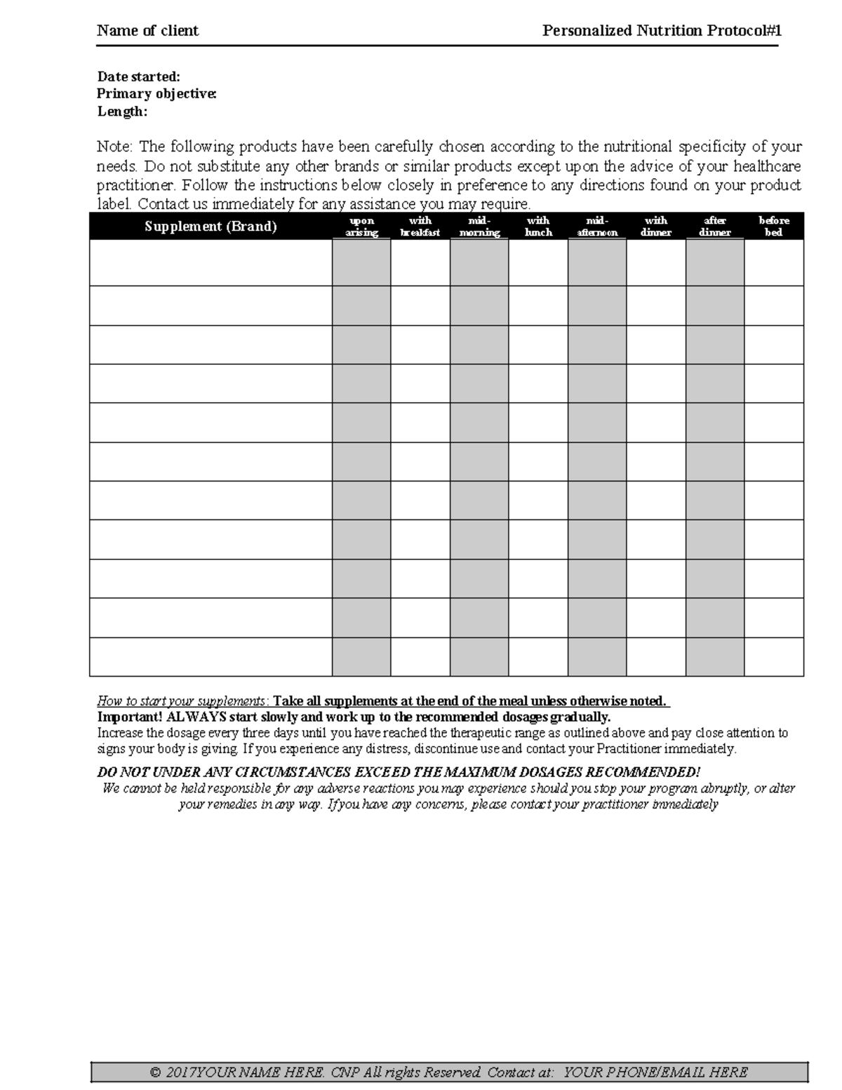 Template Supplements Table - Name of client Personalized Nutrition ...