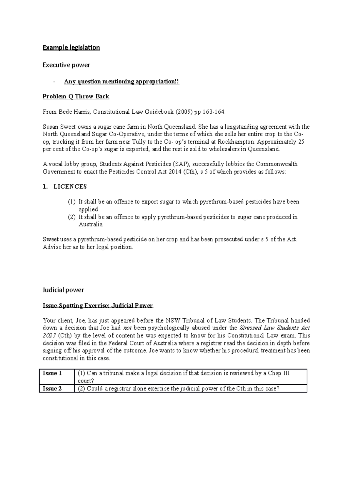 Pq pt2 - summary - Example legislation Executive power Any question ...