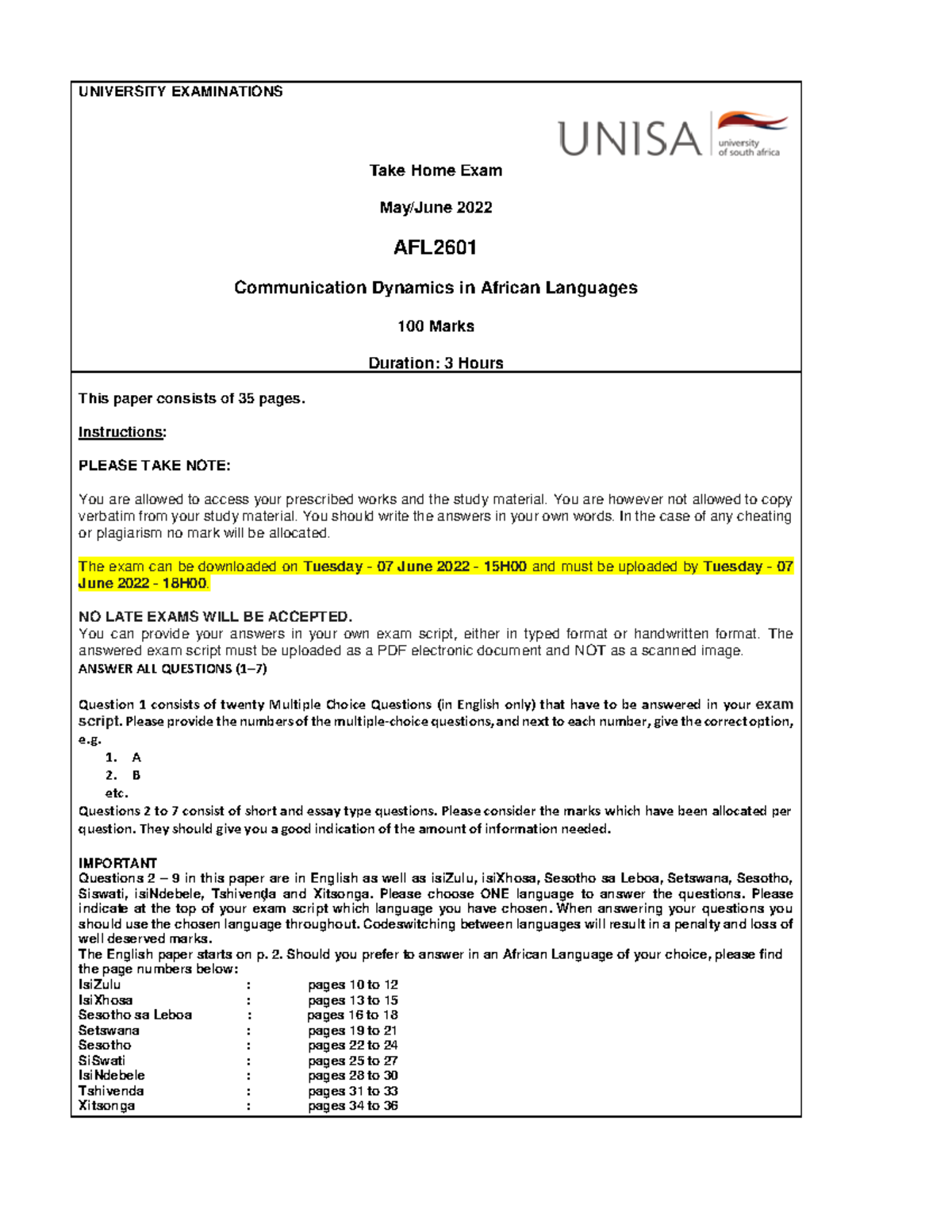AFL2601 M J Exam - UNIVERSITY EXAMINATIONS Take Home Exam May/June 2022 ...